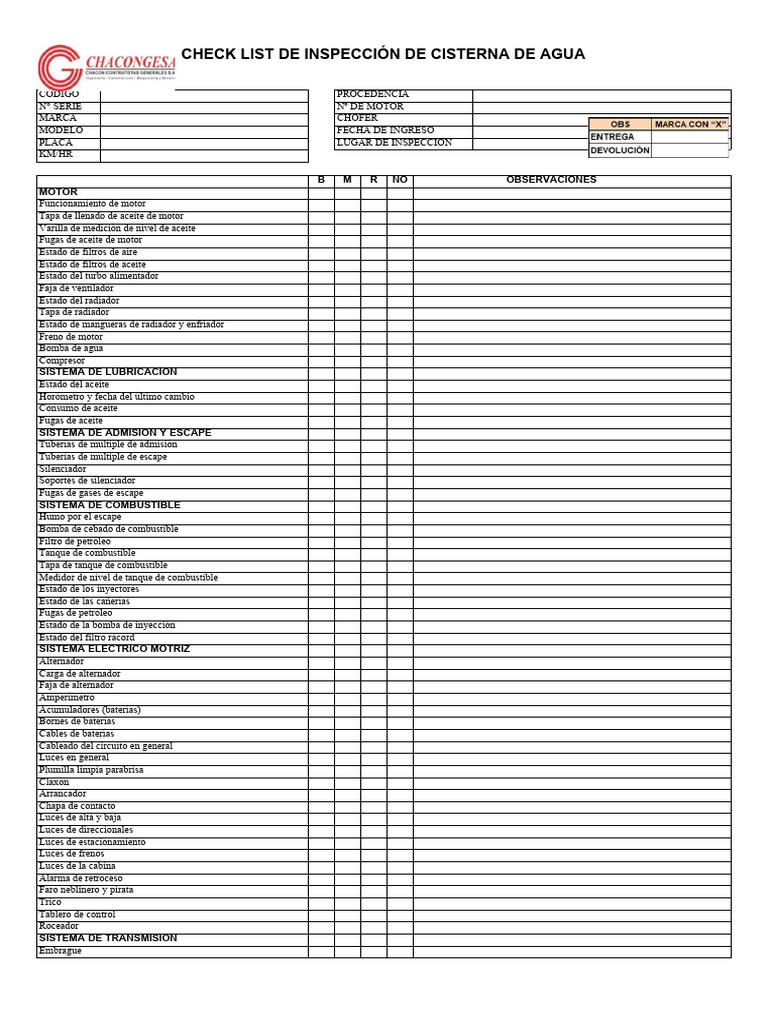Check List Camion Cisterna de Agua | PDF | Inyección de combustible | Turbocompresor