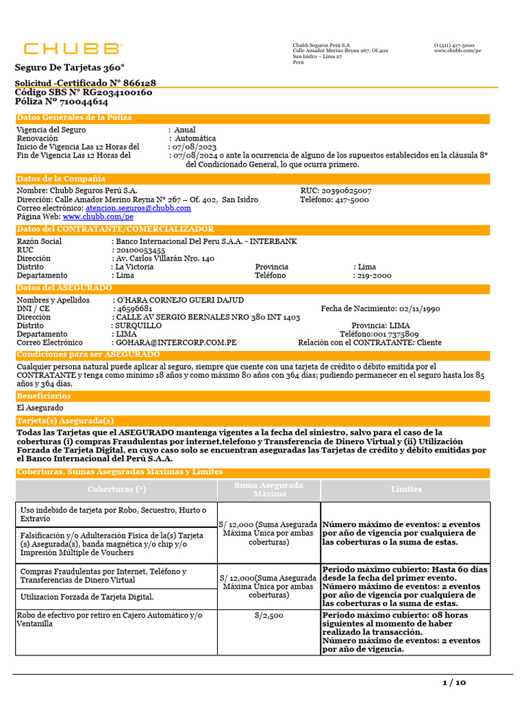 Seguro de Tarjetas Chubb Perú 2023 | PDF | Póliza de seguros | Seguro