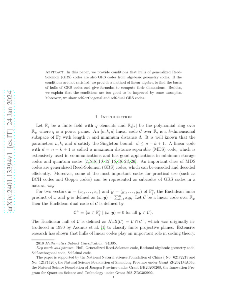 Determining Hulls of Generalized Reed-Solomon Codes From Algebraic Geometry Codes | PDF | Field ...