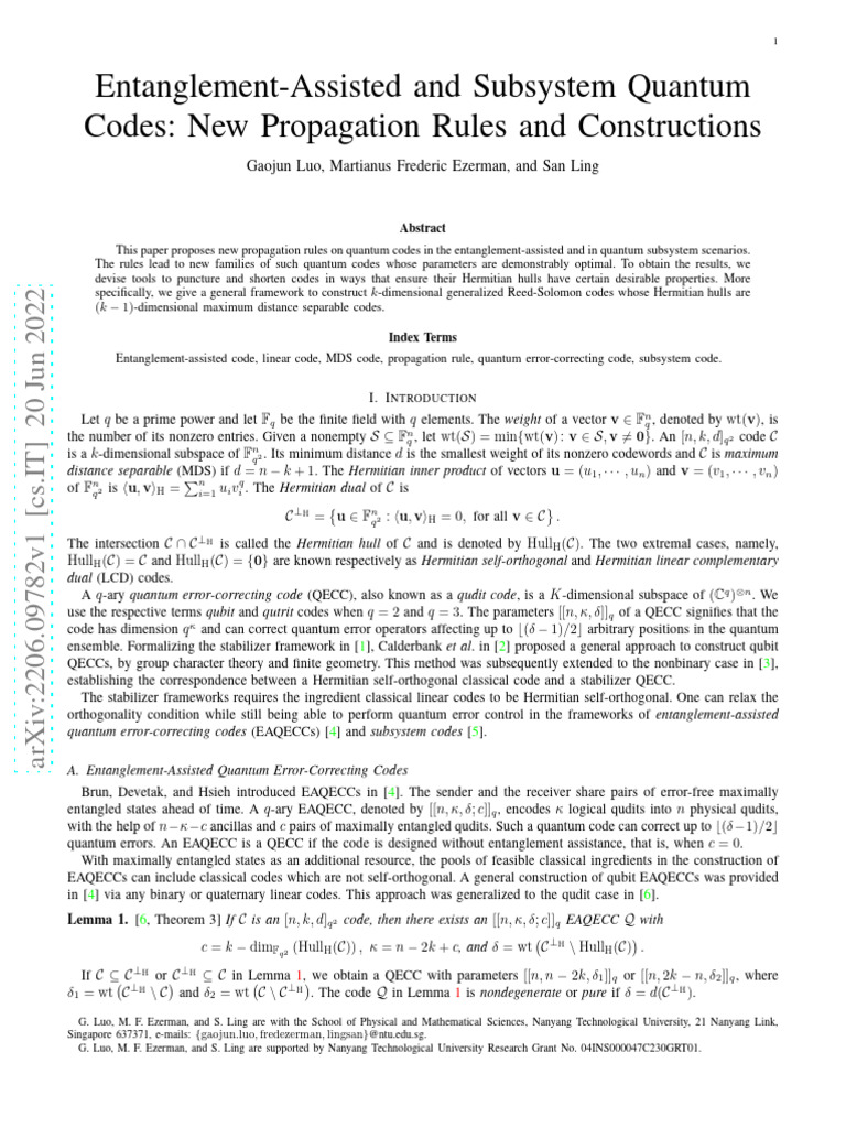 Entanglement-Assisted and Subsystem Quantum Codes - New Propagation Rules and Constructions ...
