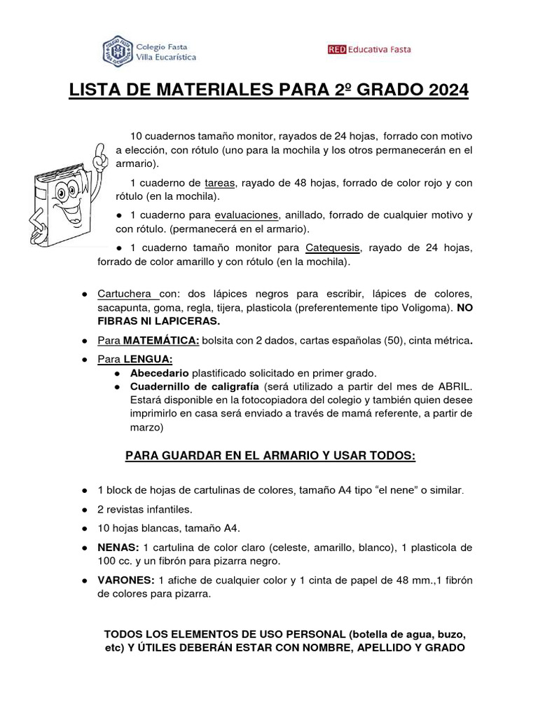 Lista de Materiales para 2 Grado 2024 | PDF | Papel | Materiales de Conservación y Restauración