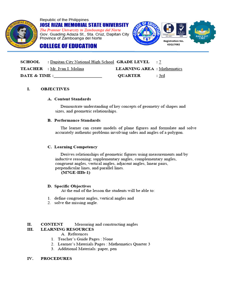 Lesson Plan Angles - 3 | PDF | Angle | Shape
