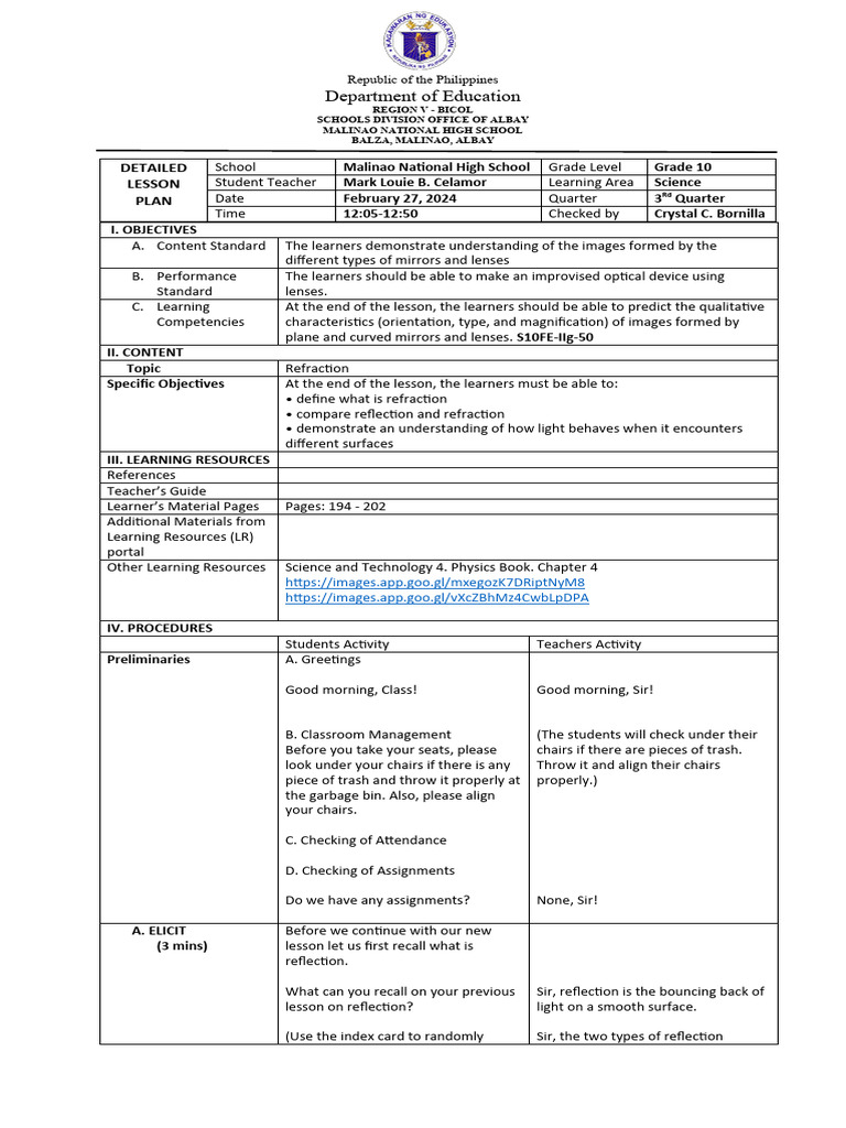 DETAILED LESSON PLAN On Refraction | PDF | Reflection (Physics) | Refraction