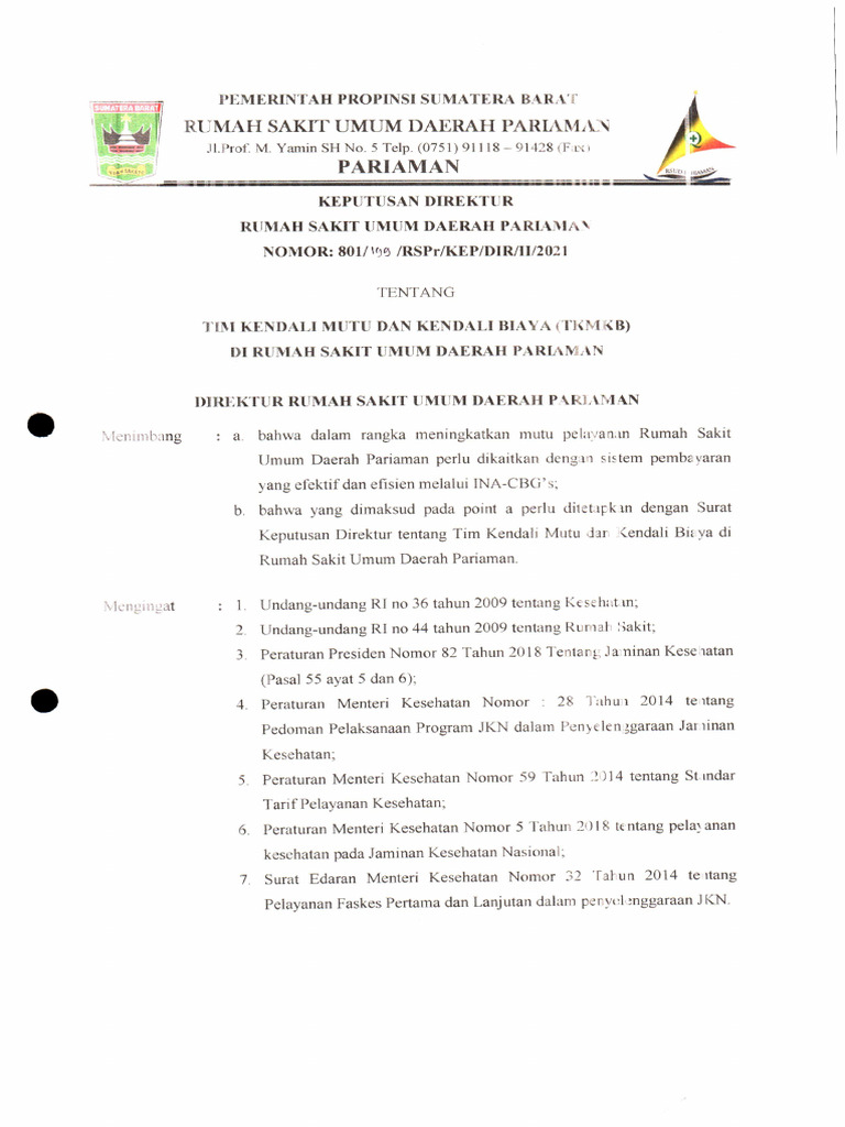 Sk-21 Tim Kendali Mutu Dan Biaya (TKMKB) | PDF Sk-21 Tim Kendali Mutu Dan Biaya (TKMKB) | PDF