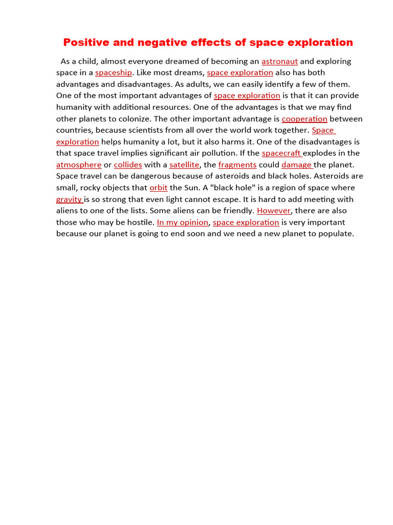 Positive and Negative Effects of Space Exploration | PDF