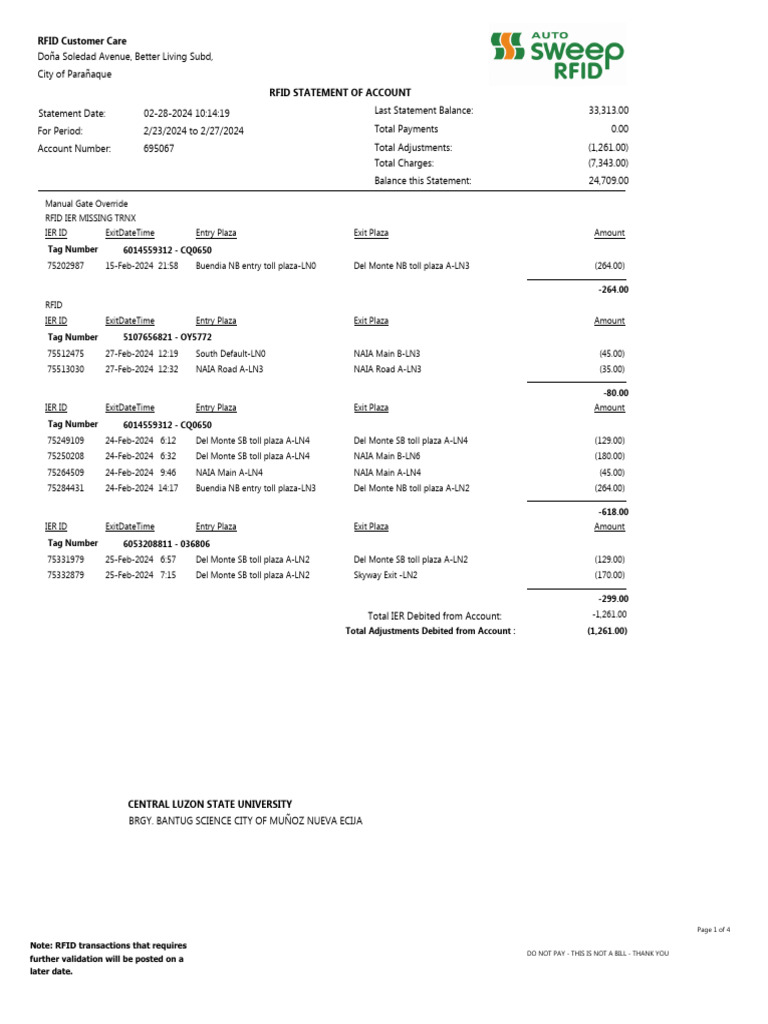 RFID Toll Fee Statement Summary | PDF | Toll Road | Land Transport