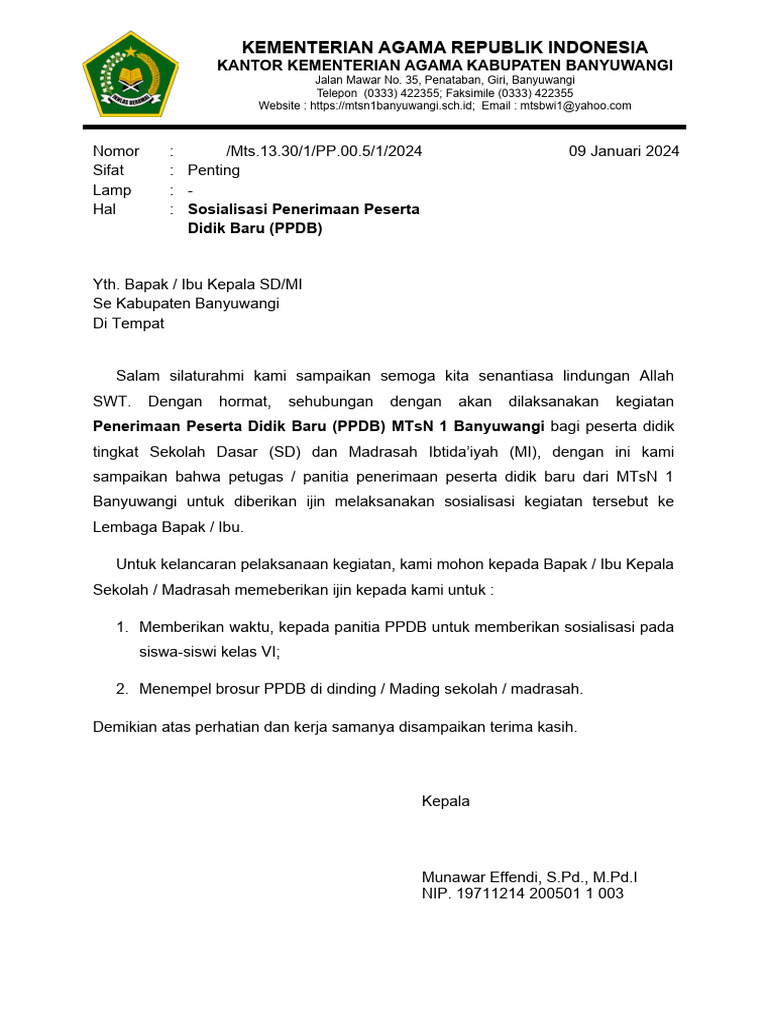 Surat Undangan Sosialisasi PPDB | PDF