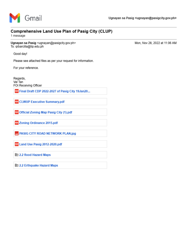 City of Pasig Mail - Comprehensive Land Use Plan of Pasig City (CLUP) | PDF