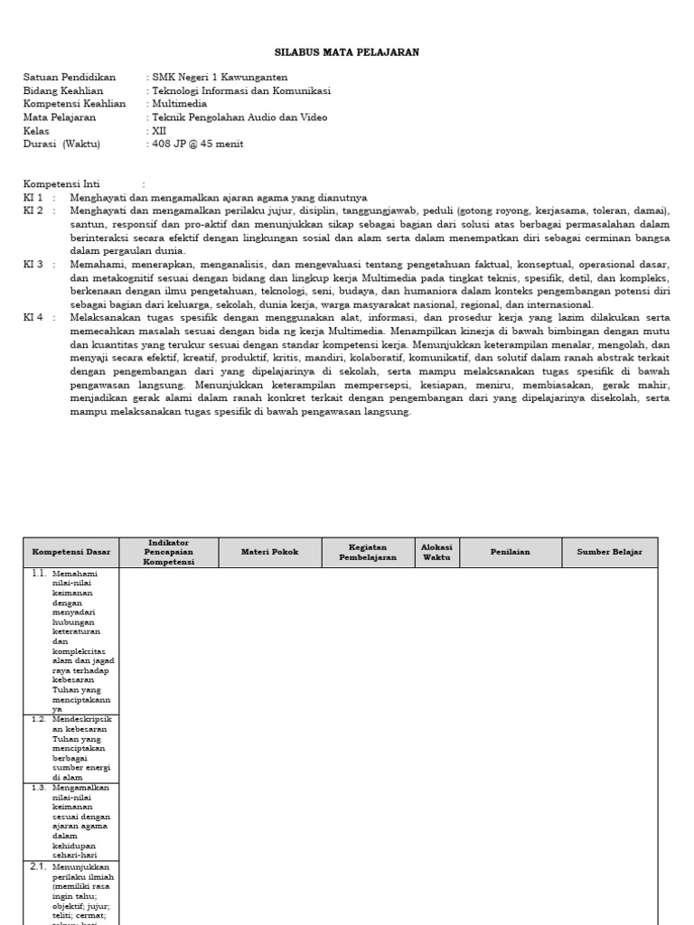 Silabus Teknik Pengolahan Audio Video | PDF | Seni | Komputer