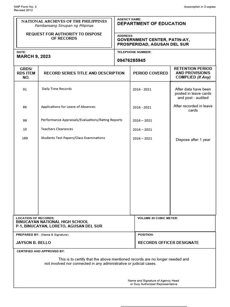 Binucayan NHS NAP Form No. 3 SY 2022-2023 | PDF | Government