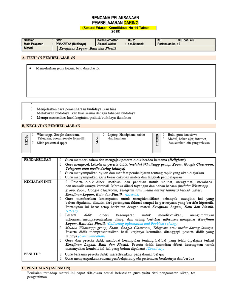 RPP Prakarya Kelas VIII Genap 2021 | PDF