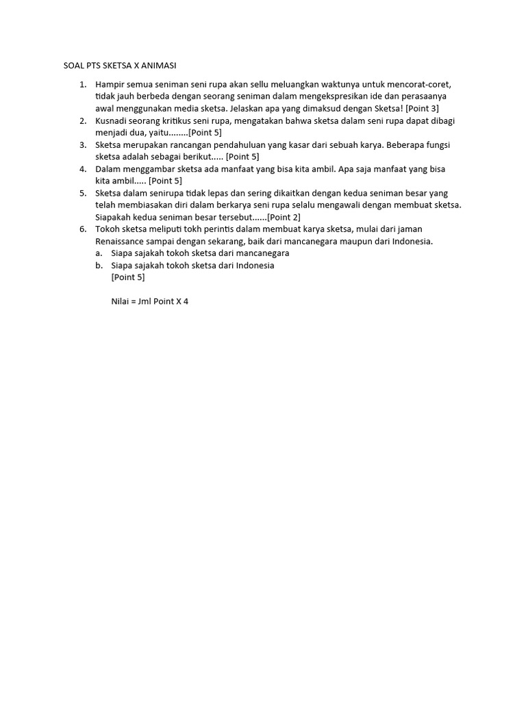 Soal PTS Sketsa X Animasi | PDF