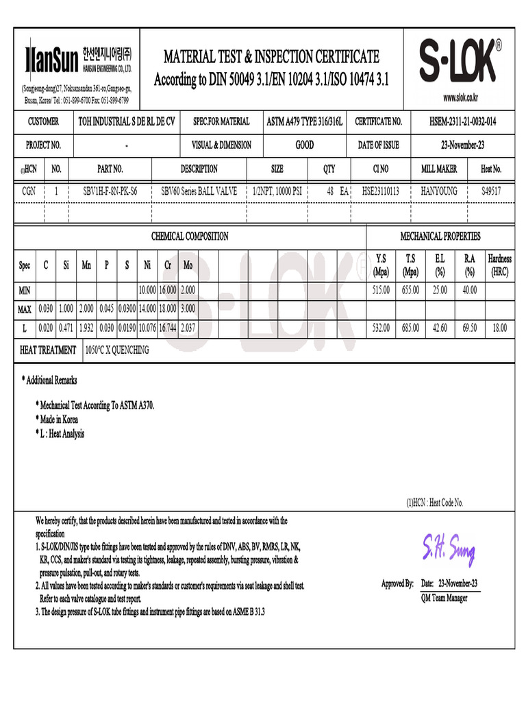 Material Test & Inspection Certificate According To DIN 50049 3.1/EN ...