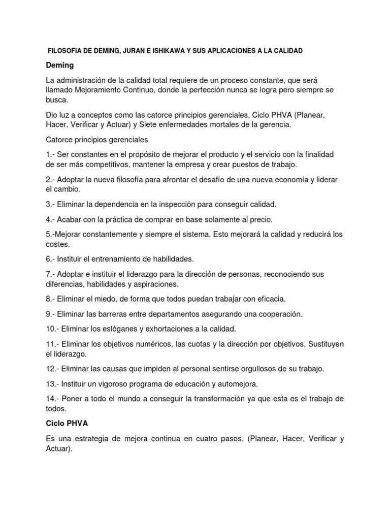 Filosofia de Deming, Juran e Ishikawa y Sus Aplicaciones A La Calidad ...