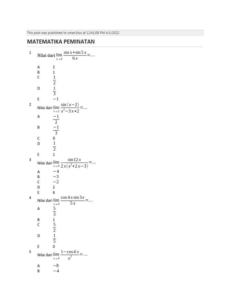 Template Soal PSAJ Matematika Peminatan | PDF