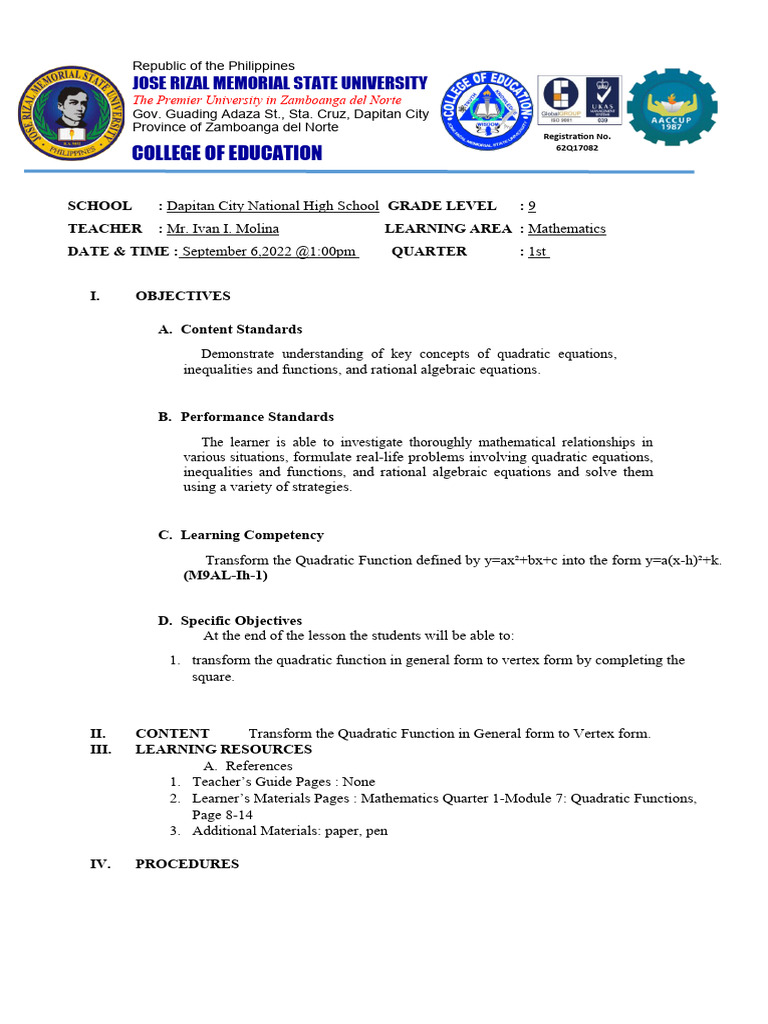 Lesson Plan General Form To Vertex Form | PDF | Quadratic Equation | Algebra