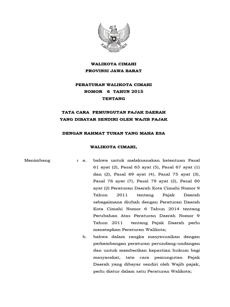 Perwal Kota Cimahi No 6 Tahun 2015 Tentang Tata Cara Pemungutan Pajak ... Perwal Kota Cimahi No 6 Tahun 2015 Tentang Tata Cara Pemungutan Pajak ...