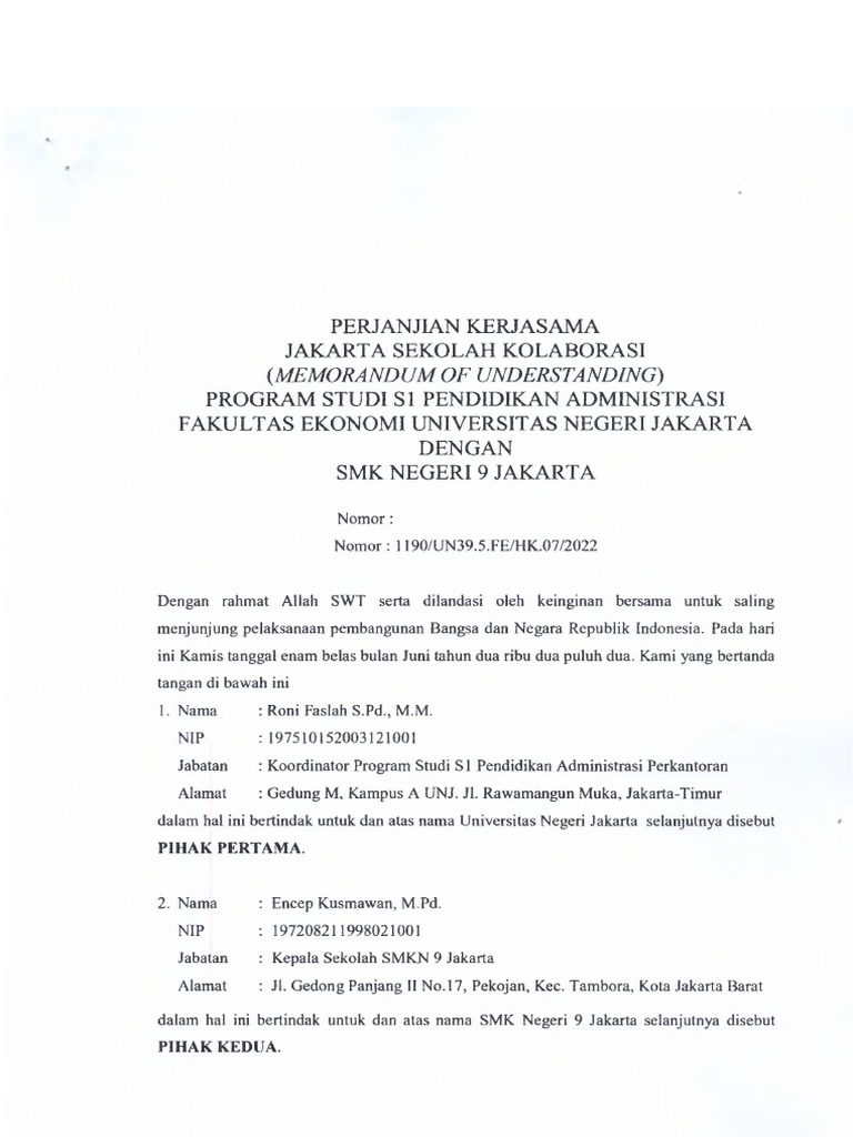 Surat Perjanjian Kerjasama JKT Sekolah Kolaborasi Prodi S1 Pend - ADM FE UNJ DGN SMKN 9 JKT | PDF