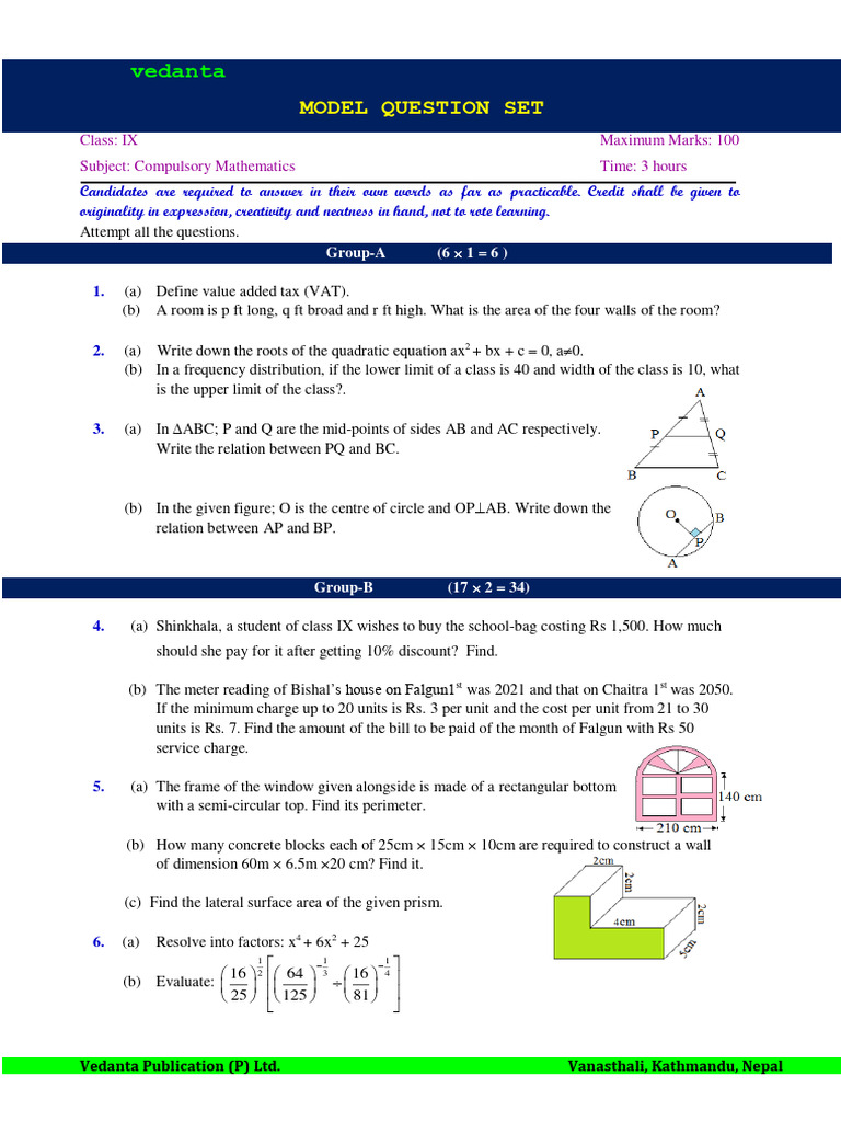 Model Question Set 2078 20210123190604 | PDF | Quadratic Equation | Elementary Geometry