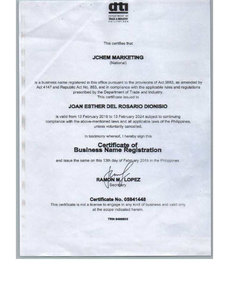Dti Certificate (Jchem Marketing) | PDF