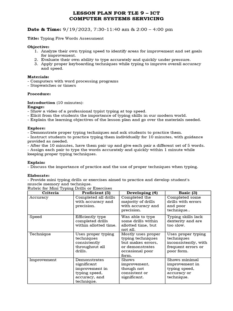 LESSON PLAN FOR TLE 9 (Typing Five Words Assessment | PDF | Lesson Plan ...