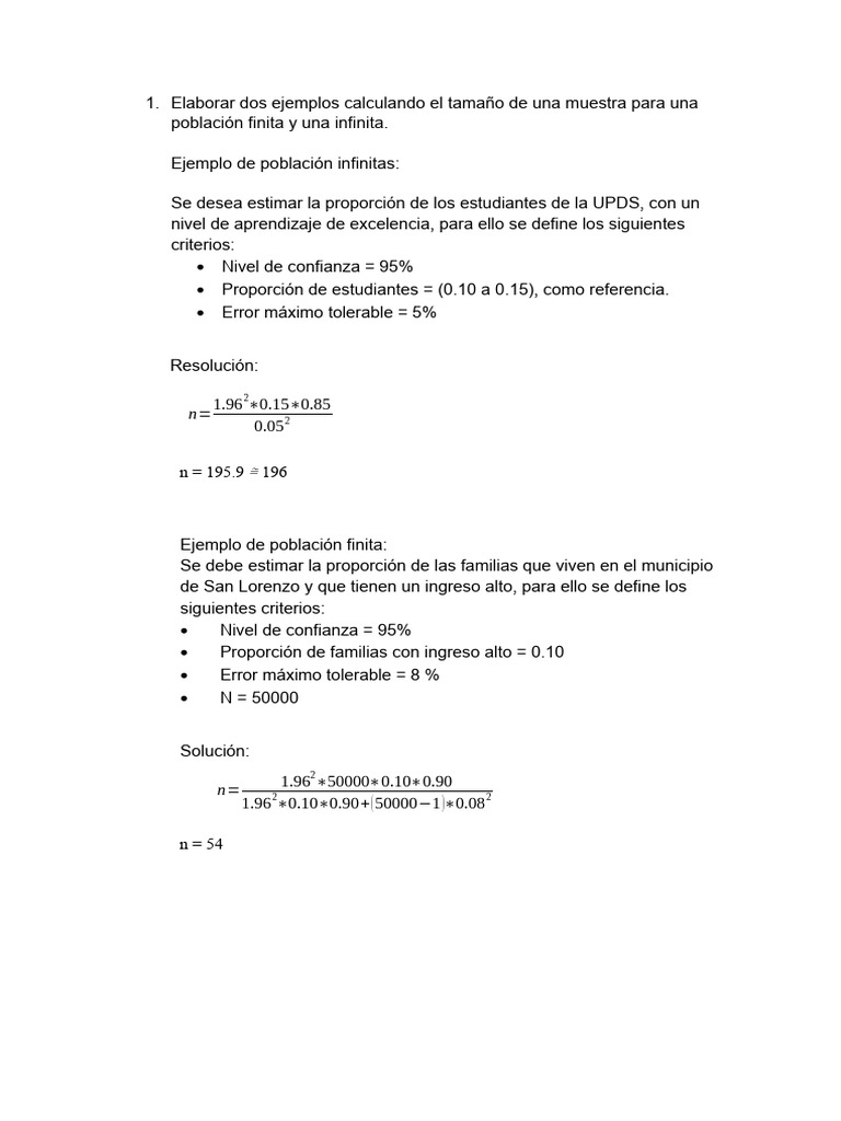 Elaborar Dos Ejemplos Calculando El Tamaño de Una Muestra para Una Población Finita y Una ...