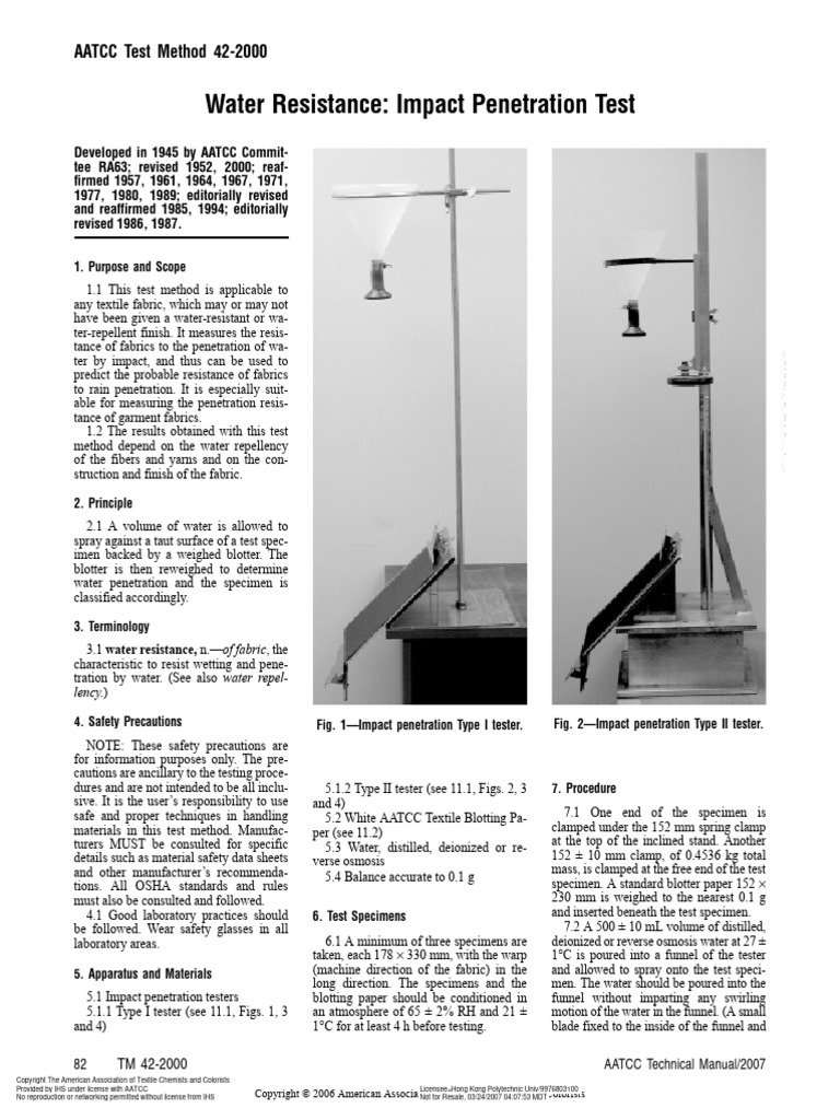 AATCC 42 2000 (2007) Water Resistance Impact Penetration Test | PDF ...