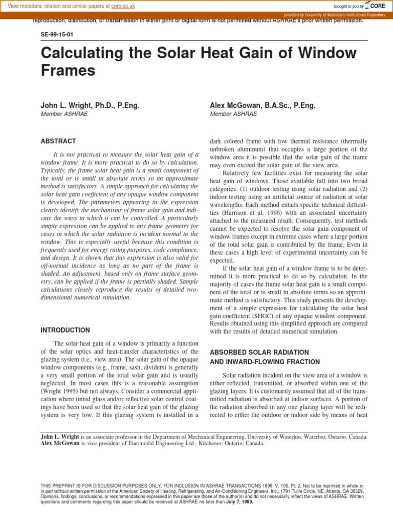 Calculating The Solar Heat Gain of Window Frames: John L. Wright, PH.D ...