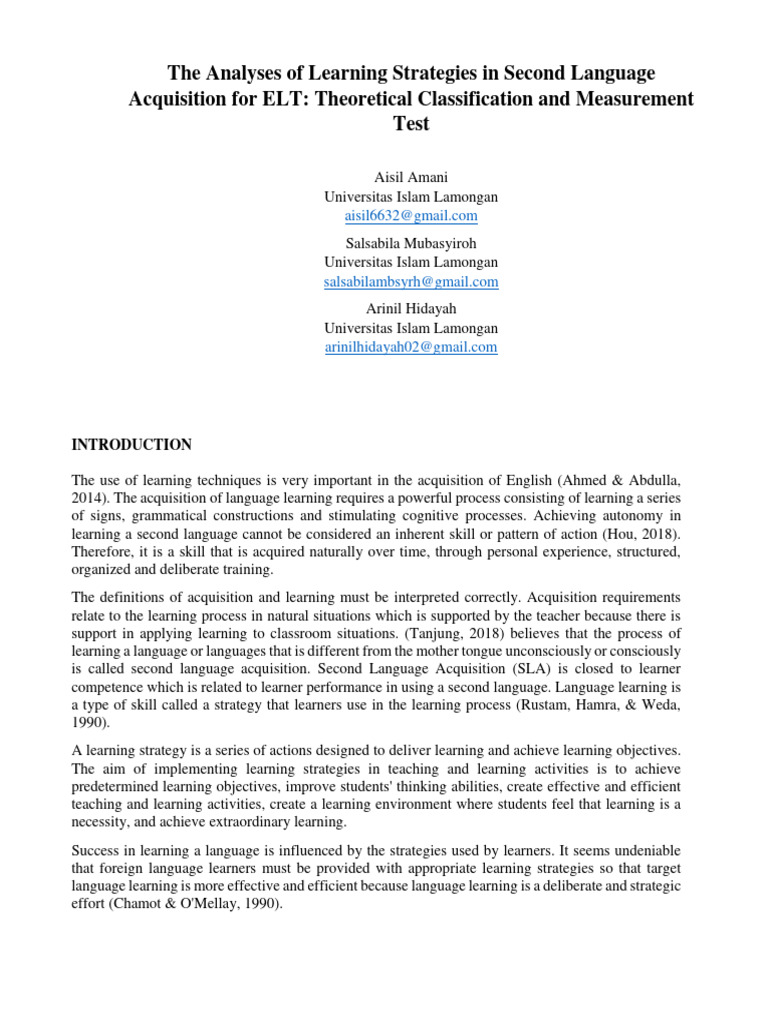 The Analyse of Learning Strategies in Sla (Kel 5) | PDF | Second Language Acquisition | Learning
