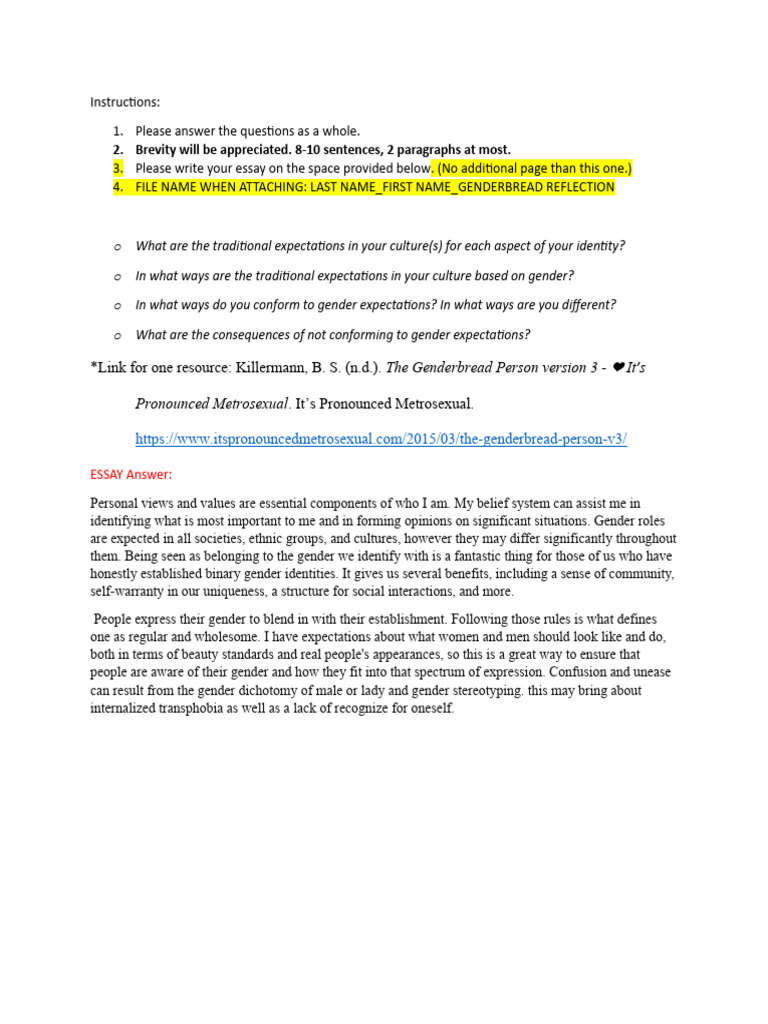 Assignment 1. Reflection On Gender Bread | PDF