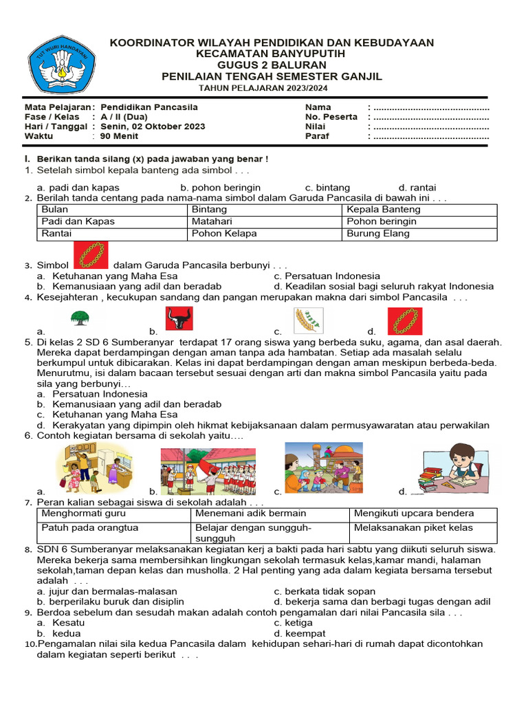 Soal PTS Pend - Pancasila Kumer KLS 2 | PDF