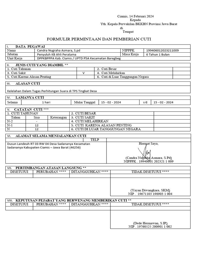 Form Ajuan Cuti PNS (FORMULIR PERMINTAAN DAN PEMBERIAN CUTI PNS) | PDF
