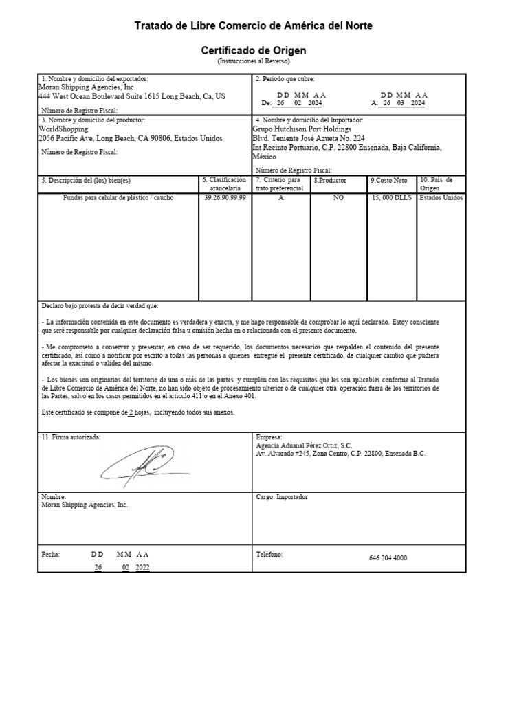Certificado de Origen | PDF | Tratado de Libre Comercio Norteamericano