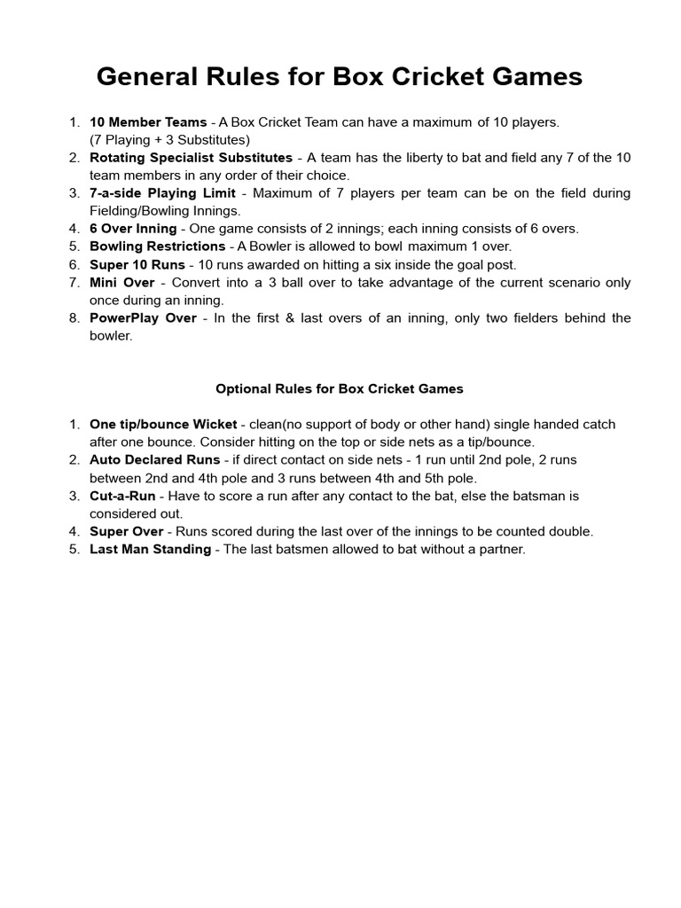 Box Cricket Rules | PDF