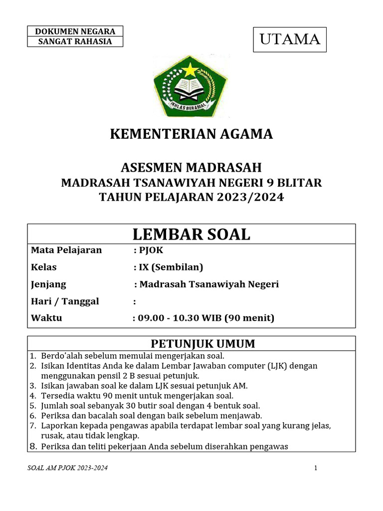 Soal Pjok KLS Ix 2023-2024 MTSN 9 Blitar | PDF | Olahraga & Rekreasi