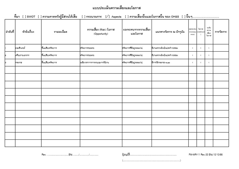 FM-MR-11 Rev.00 แบบประเมินความเสี่ยงและโอกาส Aspect Planning | PDF