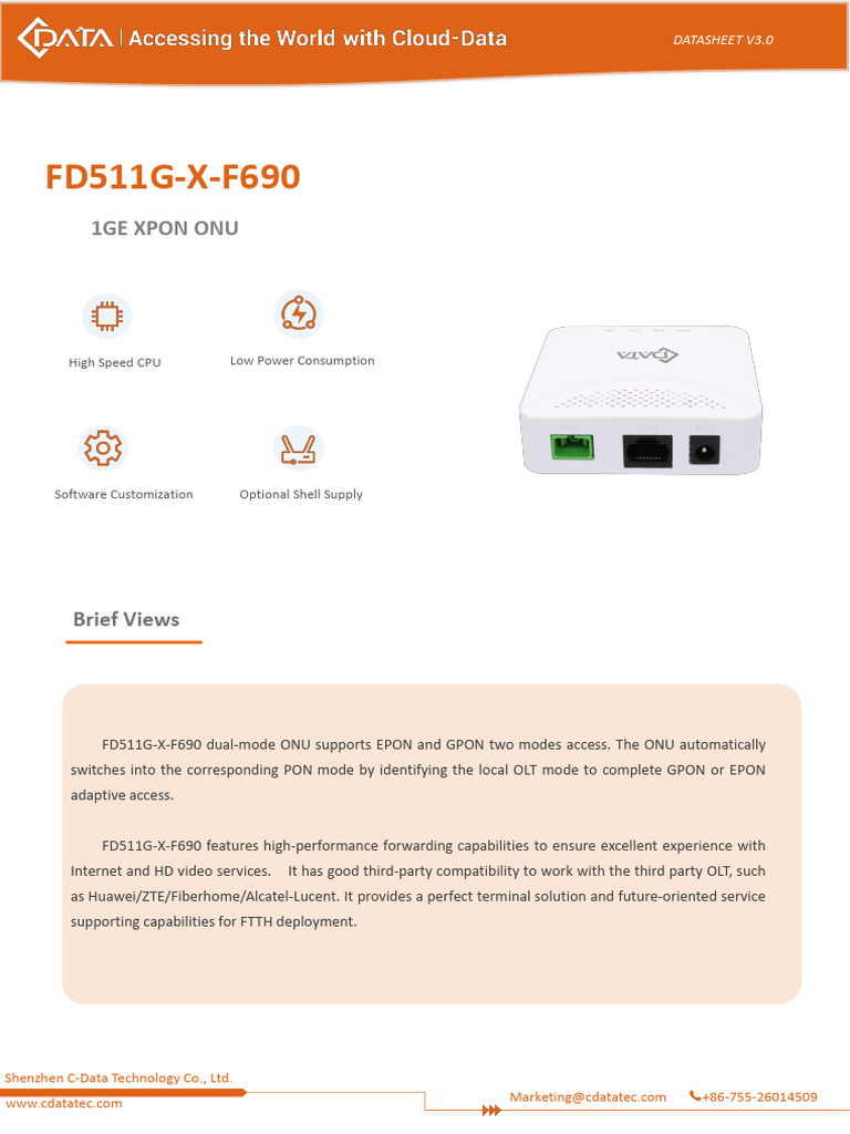 CDATA-XPON ONU - (C+ BOSA) - FD511G-X-F690 (1GE) Datasheet-V3.0 | PDF | Computer Networking ...