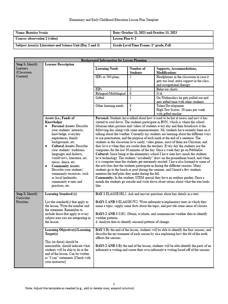 Seasons Lesson Plan Days 2 and 3 - Observation | PDF | Instructional ...
