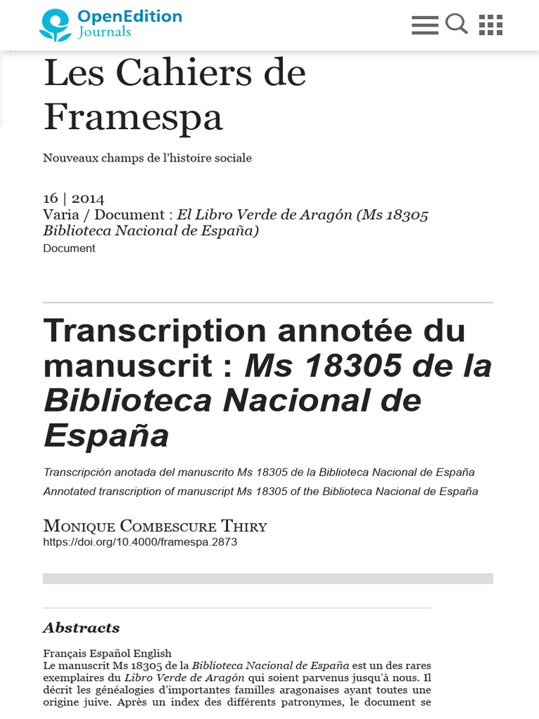LIBRO VERDE Transcription Annotée Du Manuscrit Ms 18305 de La Biblioteca Nacional de España ...