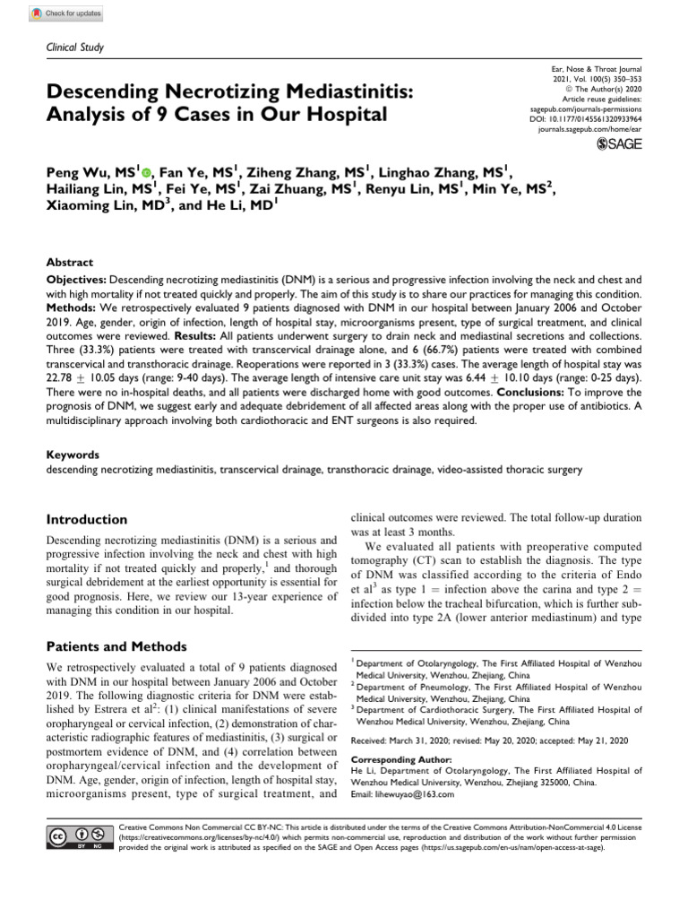 Wu Et Al 2020 Descending Necrotizing Mediastinitis Analysis Of 9 Cases