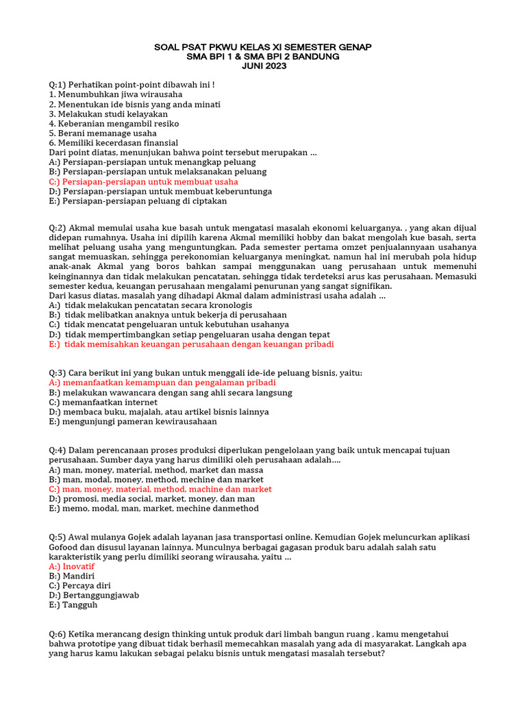 75025E4A - Latihan Soal PSAT PKWU 2023 | PDF | Bisnis