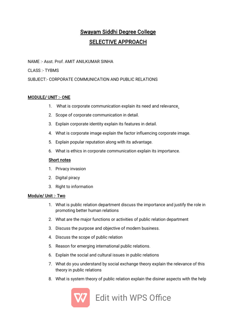 CCPR Tybms Selective Approach-1 | PDF | Public Relations | Communication