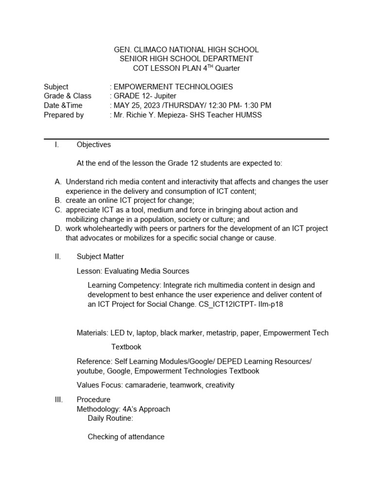Lesson Plan For 4th Quarter COT Empowerment Technologies | PDF ...