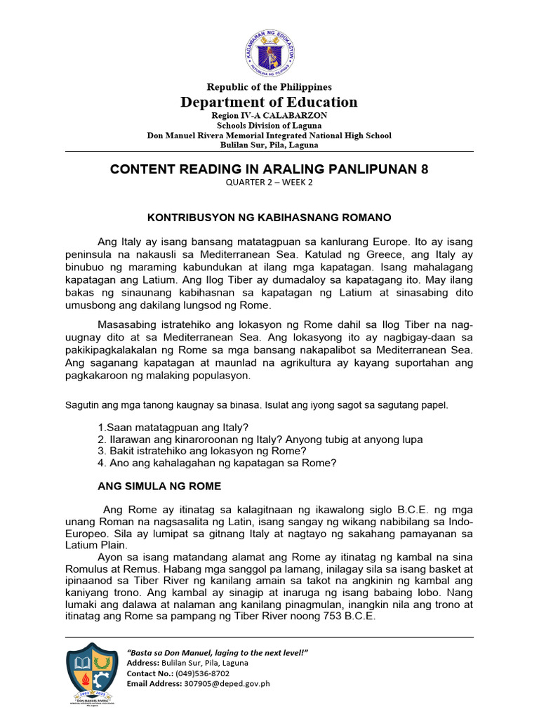 Content Reading in Ap - Week 2 - Q2 | PDF