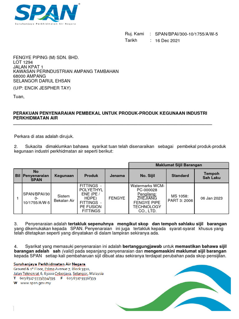 5SPAN - FENGYE PE Fittings MS1058 (6 Jan 2023) | PDF