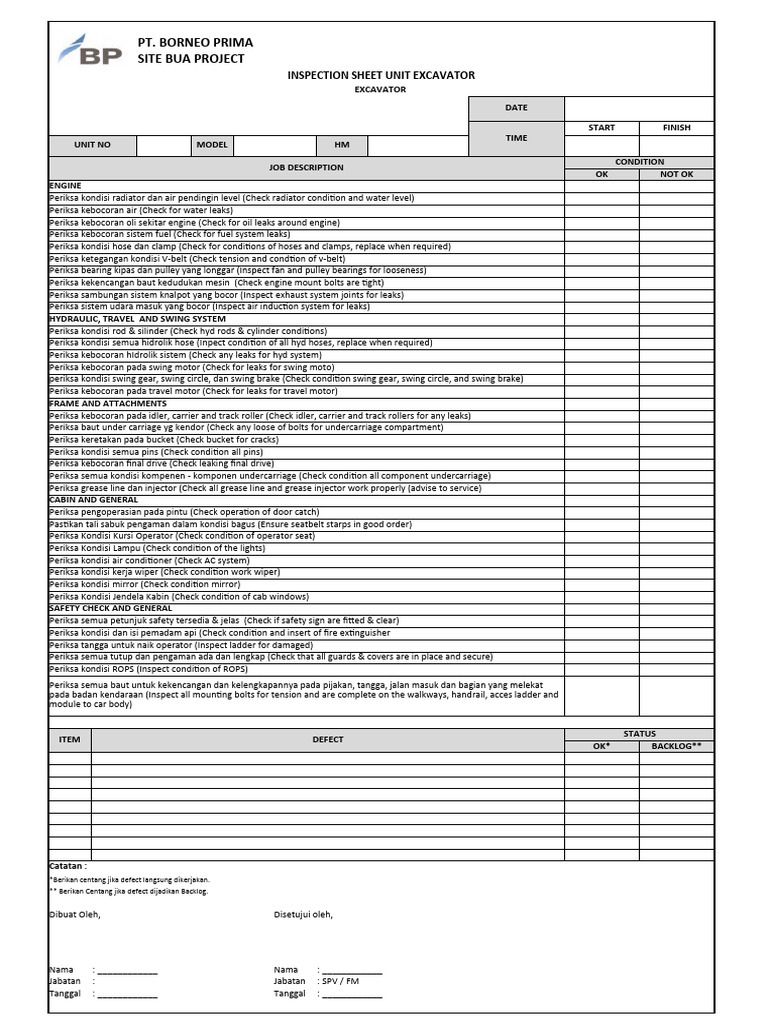 Excavator Inspection Checklist Template | PDF | Belt (Mechanical ...