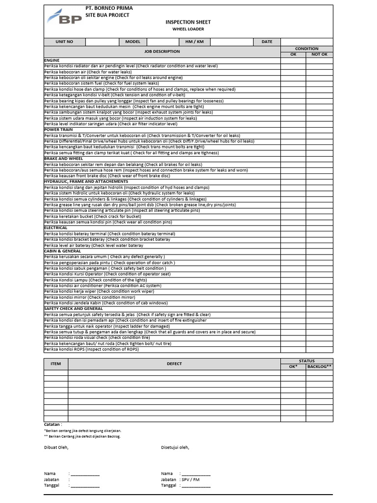 Form Inspection - Loader | PDF | Brake | Car