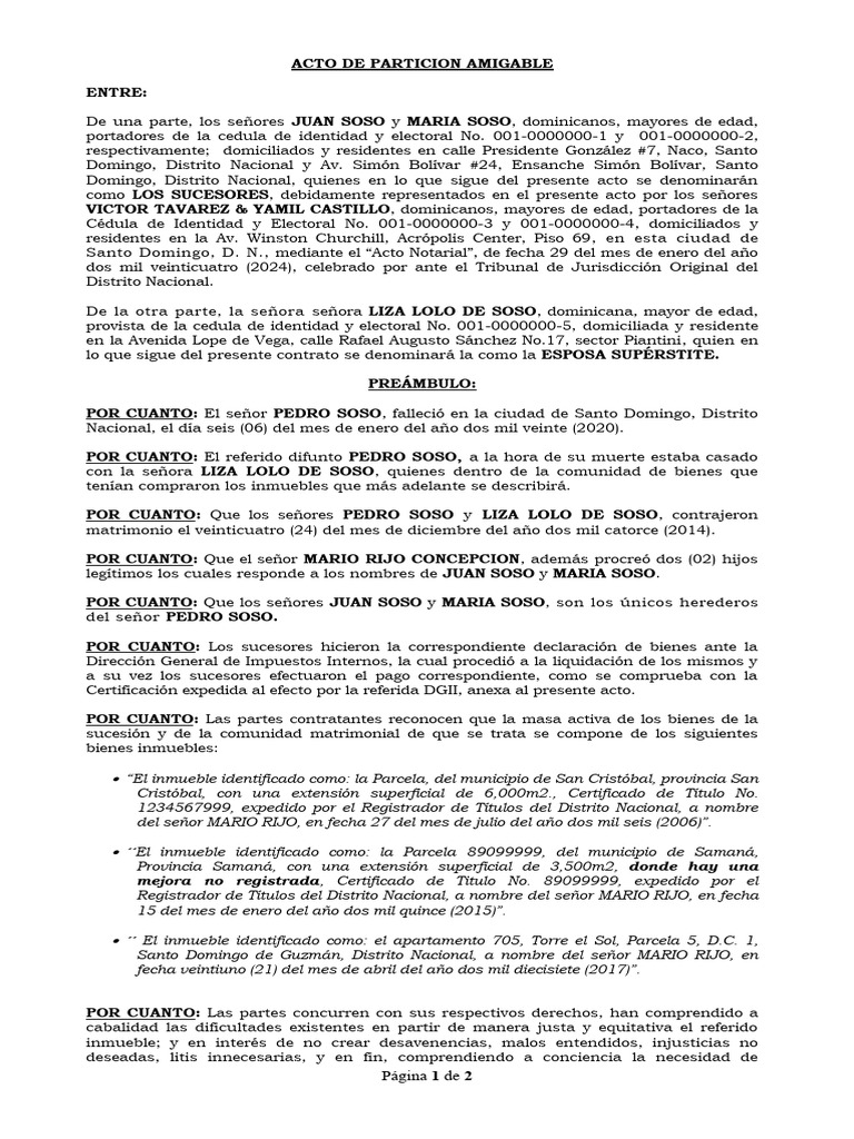 Acto - Particion - Pedro Soso, Maria Soso y Liza Lolo de Soso | PDF ...