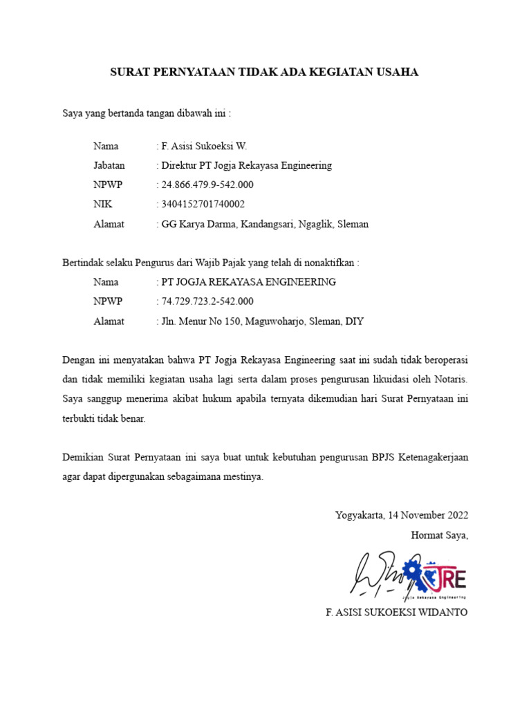 Surat Keterangan Tidak Ada Kegiatan Usaha | PDF