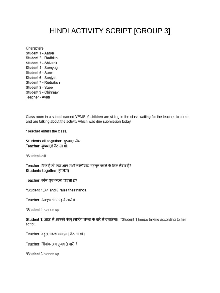 Hindi Activity Script (Group 3) | PDF